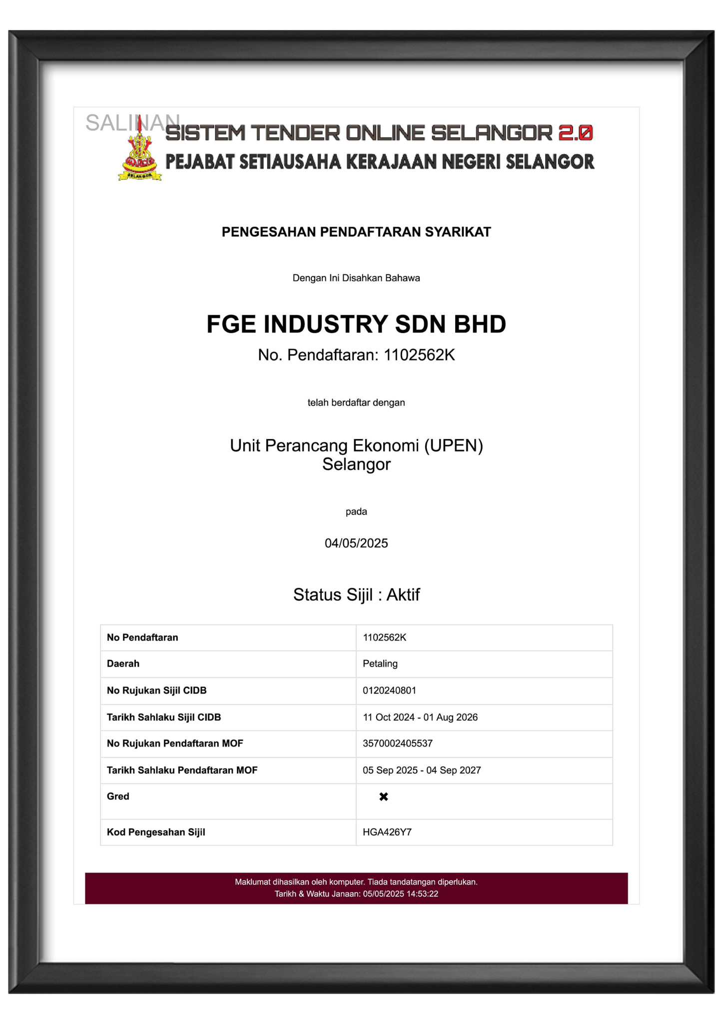 CERTIFICATE - FGE Industry